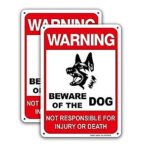Dog Warning Signs Beware of The Dog Aluminum Warning Sign Not Responsible for Injury Or Death 10x7", 2 Pack, UV Protected and Weatherproof, Easy Mounting, Business, Driveway Alert