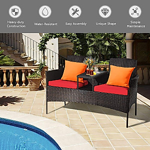 HAPPYGRILL Outdoor Loveseat Patio Rattan Wicker Conversation Set with Removable Cushions, Wicker Sofa Furniture Set with Coffee Table for Garden Lawn Backyard