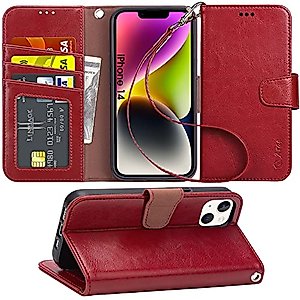 Arae Compatible with iPhone 14 Case Wallet Flip Cover with Card Holder and Wrist Strap for iPhone 14 6.1 inch-Wine Red
