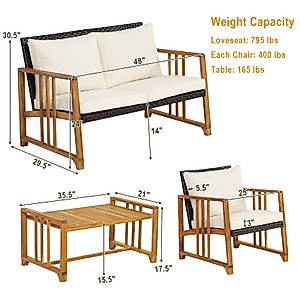 Tangkula 4 Pieces Patio Sofa Set, Outdoor Mix Brown Rattan Conversation Set with Acacia Wood Frame, Cozy Seat & Back Cushions, All-Weather PE Wicker Chair & Table Set for Porch, Poolside (Off White)