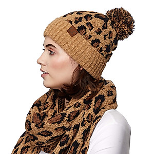 C.C Exclusives Soft Beanie hat with Leopard Pattern and Fur Pom(HAT-7001) (Latte-Leopard Pom)