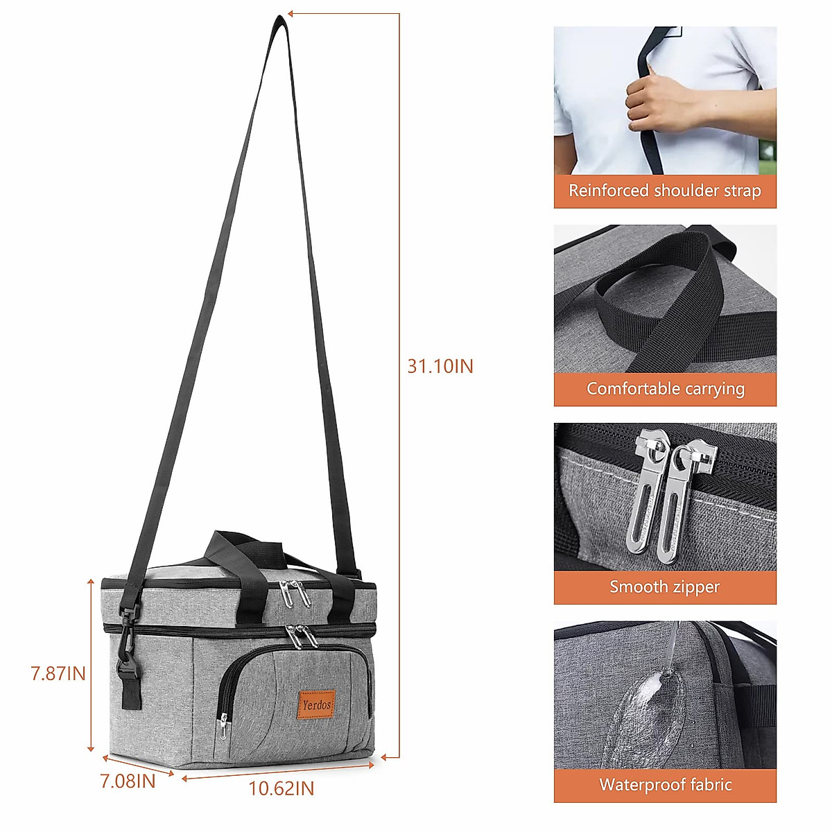 Yerdos Lunch Bag Women Insulated Lunch Box for Men, Light Durable Tote Bag with Adjustable Shoulder Strap for Office Work Picnic Hiking Beach Fishing-(Dark Grey)