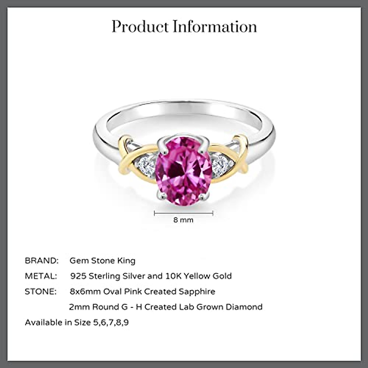Gem Stone King 1.73 Cttw 2 Tone 10K Yellow Gold and 925 Sterling Silver Pink Created Sapphire and White Lab Grown Diamond Engagement Ring For Women | Oval 8X6MM | Available in Size 5,6,7,8,9