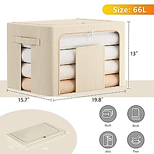 FAikhom 3 Pack Stackable Storage Bins- Foldable Metal Frame Storage Box Oxford Fabric Stackable Clothes Container Organizer with clear Window & Carry Handles (66L, Beige)