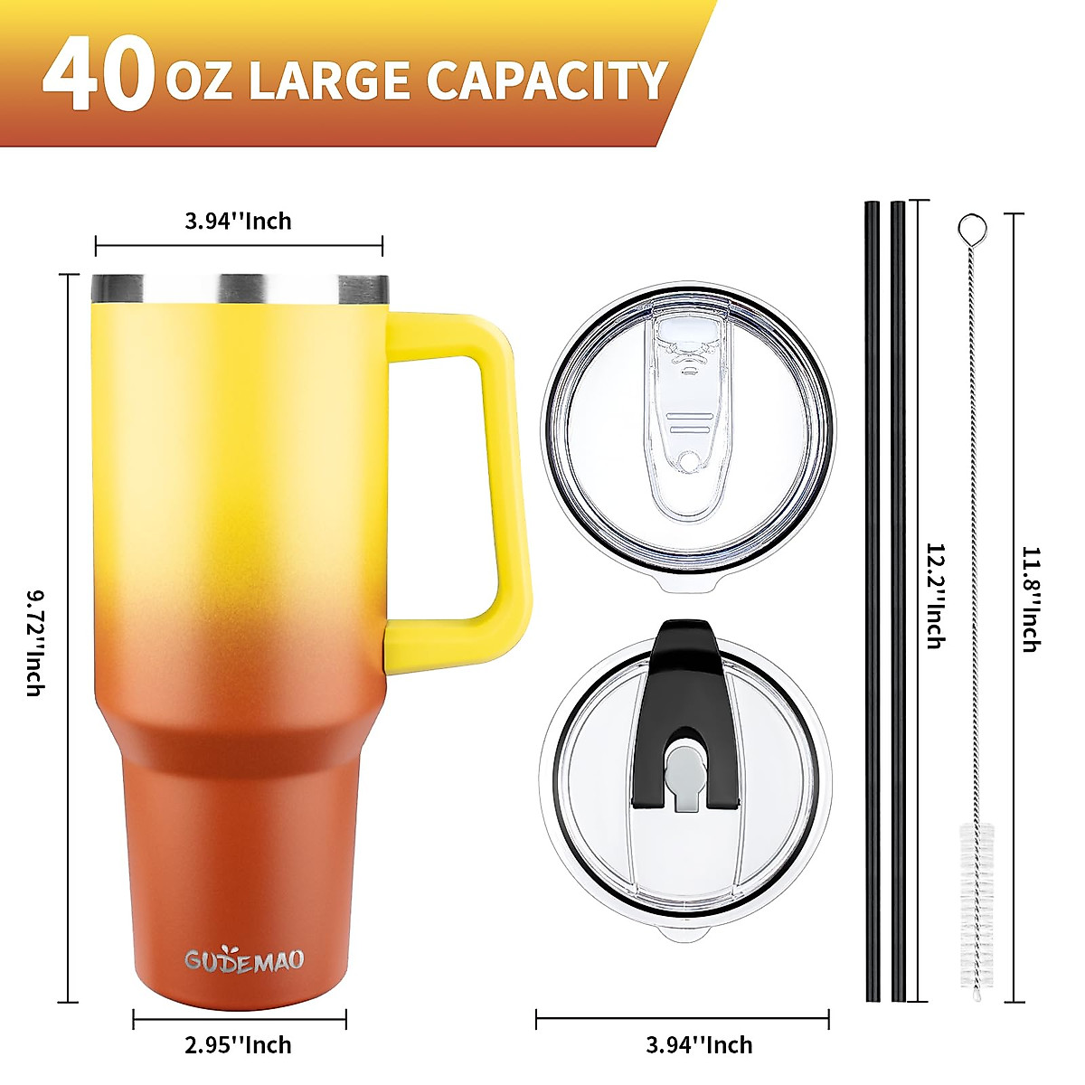 GUDEMAO 40 oz Tumbler with Handle, Insulated Tumbler with Lid and Straw, Reusable Stainless Steel Vacuum Insulated Cup, 100% Leak Proof Thermal Travel Coffee Mug Cup for Cold and Hot (Gold Orange)
