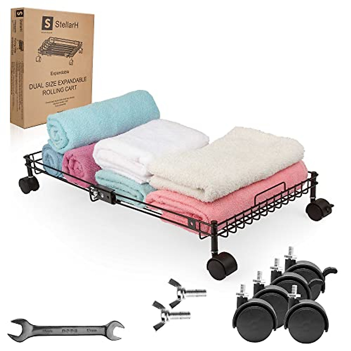 Expandable Rolling Basket Under Bed Storage Container with Wheels - Rolling Metal Storage Basket for Kitchen, Pantry, Garage Storage Organization Small Storage Bin Expandable (2 sizes) to 26 Inches