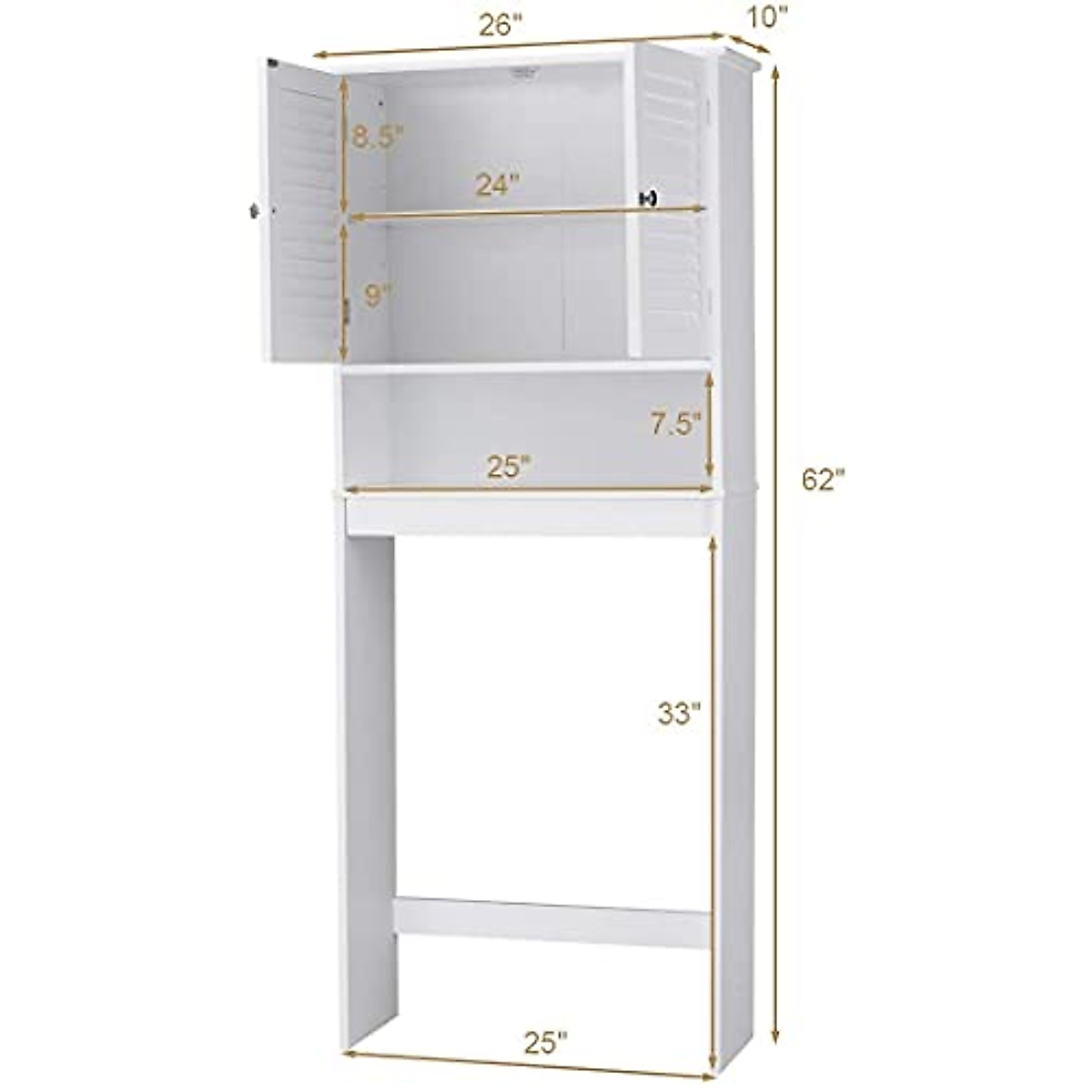 Squareful Over-The-Toilet Bathroom Storage Shelf, Freestanding Storage Organizer w/Louvre Door & 1 Open Shelf, Bathroom Space Saver, White, (HW66126)