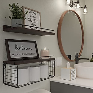 WOPITUES Floating Shelves with Bathroom Wall Décor Sign, Farmhouse Wood Bathroom Wall Shelves Over Toilet with Paper Storage Basket Set of 3, Rustic Floating Shelf with Guardrail–Rustic Brown