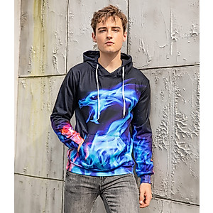 Men Long Sleeve Hoodie Women Novelty Hooded 3D All Over Print Blue Red Smoke Dragon Unique Design for Adults Youth Boys Couples Trendy Warm Fleece Pullover with Drawstring 80 Sports Clothing Large