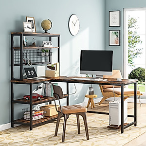 Tribesigns 55" Large Computer Desk with Wireless Charging 5 Storage Shelves, Office Desk Study Table Writing Desk Workstation with Hutch Bookshelf for Home Office (Brown)