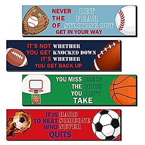 Sport Motivational Quote Wall Art(pack of 4), Basketball Football Baseball Soccer Sport Hanging Wall Prints Plaques, Sport Themed for Boy's Bedroom Playroom Classroom Living Room Decoration