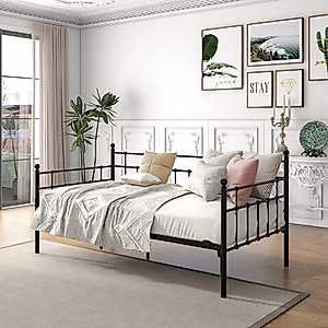 Lierpit Twin Size Victorian Style Daybed Frame with Headboard, Multifunctional Metal Platform Bed Sofa for Guest Living Room (Black)