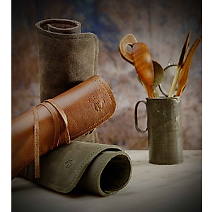 Angus Stoke Knife Bag for Chefs–knife Roll Bag leather 7 slots – Leather Knife Case Noah (green-olive)