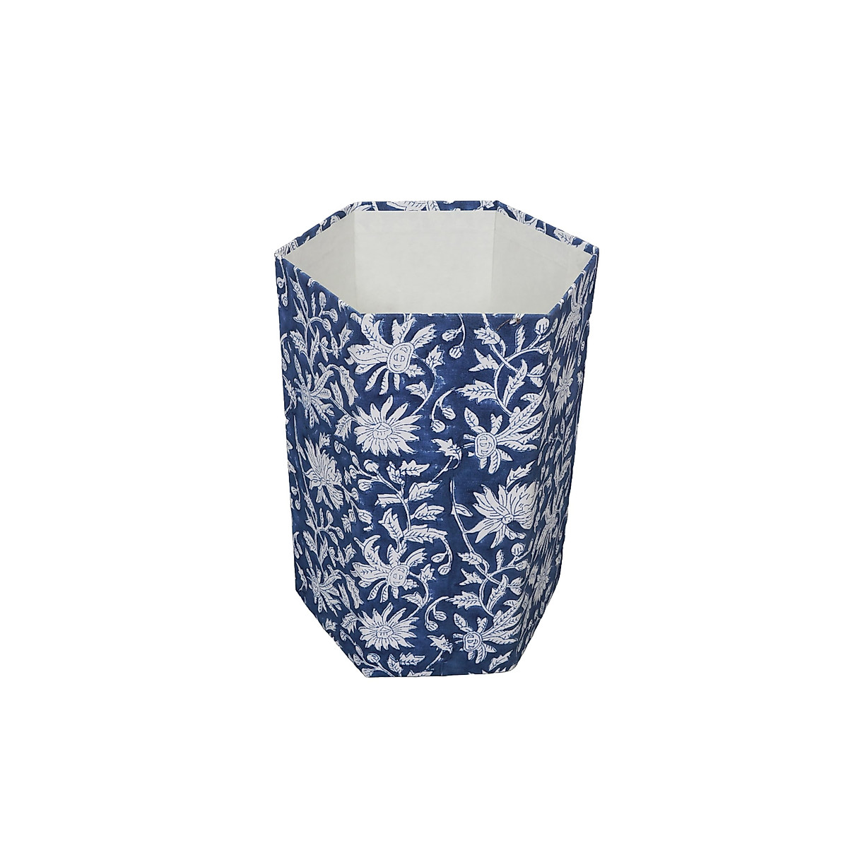 3.3 Gallon Cotton Hand Block Printed Paper Waste Basket |Small Decorative Trash Can for Housewarming Gifts in Living Room, Bedroom, Bathroom | Eco-Friendly, Plastic-Free (1, Blue White FLOWAR)