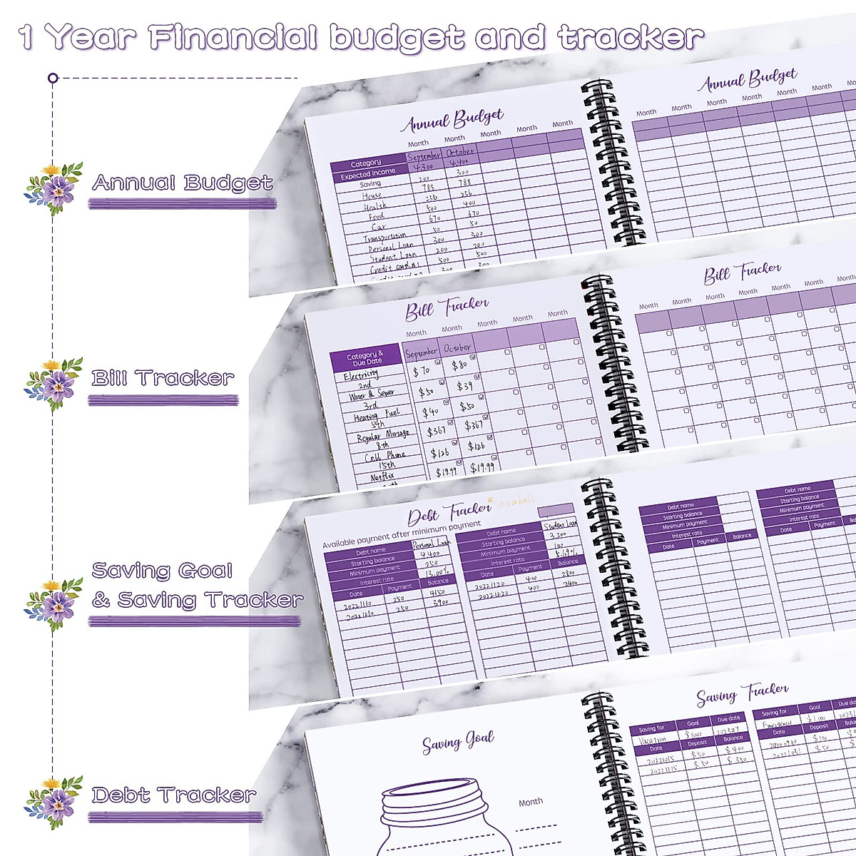 [Undated] Monthly Budget Planner with 12 Bill Pockets for Income, Debt, Saving, Expense and Bill Tracker Organizer, Pink, Floral Design