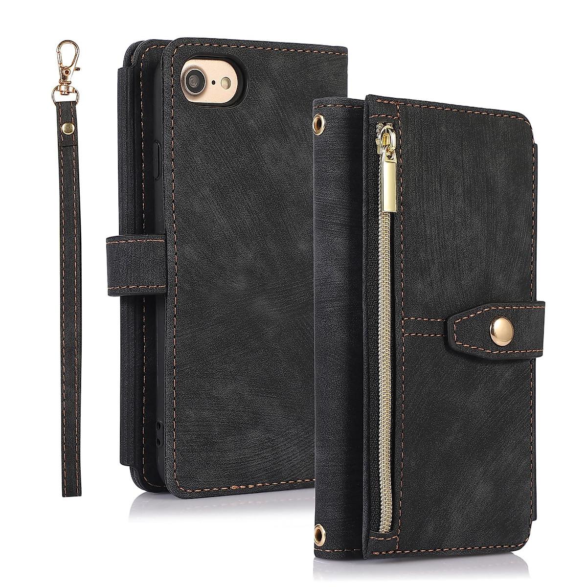 UEEBAI Case for iPhone 7 Plus/iPhone 8 Plus, 9 Card Slots Retro Leather Wallet Shockproof Flip Cover with Hand Strap Card Slots Zipper Pocket Kickstand Handbag Magnetic Closure - Retro Black