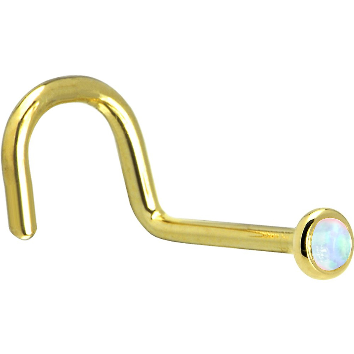Body Candy Solid 14k Yellow Gold 2mm White Synthetic Opal Right Nose Stud Screw 20 Gauge 1/4"