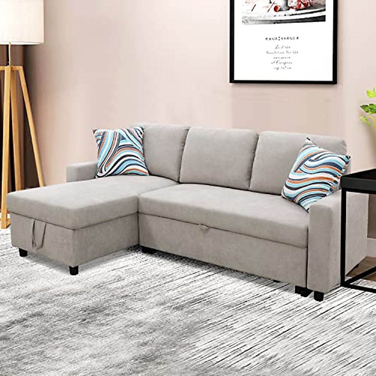 SIENWIEY Sectional Sofa Set, Sleeper Sofa Bed with Storage Chaise for Living Room Modern L-Shape Velvet Pull Out Couch for Small Space(Grey)