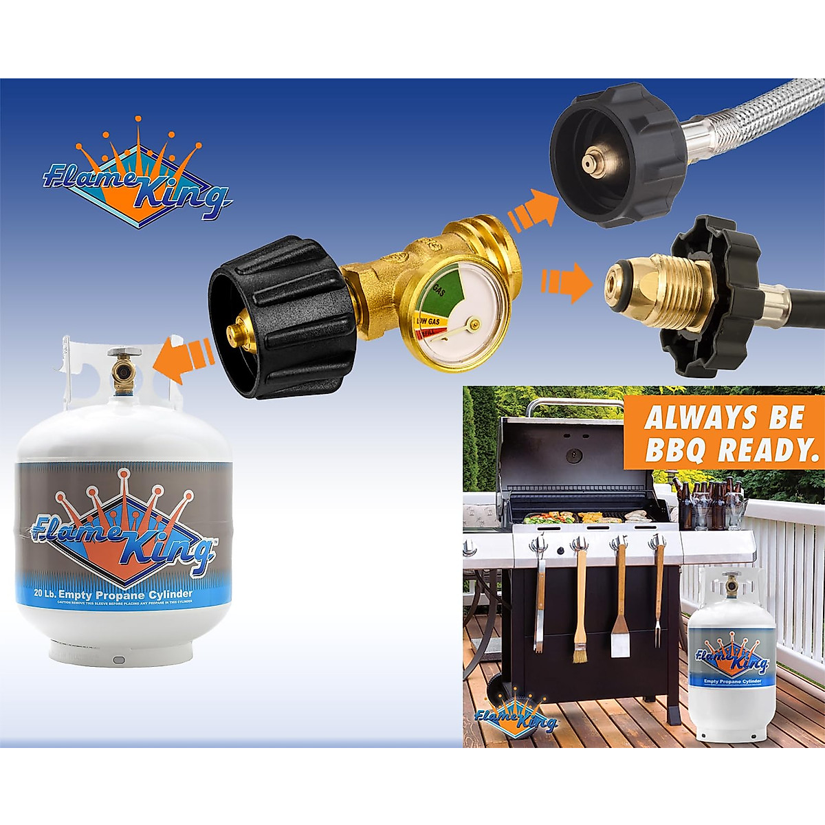 Flame King Propane Tank Gauge Level Indicator Leak Detector Gas Pressure Meter Color Coded & Glow in the Dark Universal for Cylinder, BBQ Gas Grill, RV Camper, Heater and More Appliances, Brass