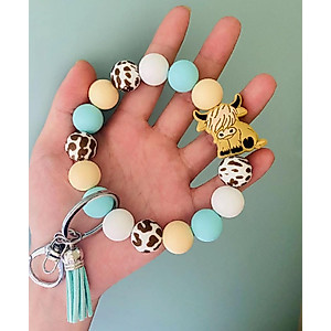 Lemua Cow Keychain Wristlet Cow Print Silicone Key Ring Bracelet Bead Keychain Cow Accessories for Women