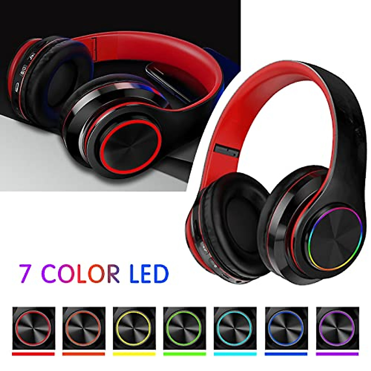 Bluetooth Headphones Over Ear for Music,LED Foldable Stereo Headphones for Gaming with Volume Control,Built in Mic,Support TF,Wired and Wireless Headset for Smart Phone/TV/PC(Black)