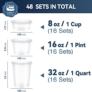 Deli Containers with Lids 48 Sets (8, 16, 32 oz 16 Each) - Clear Soup Containers Plastic Quart Containers with Lids, Pint Take out Containers Leakproof, BPA Free, Dishwasher/Microwave/Freezer Safe