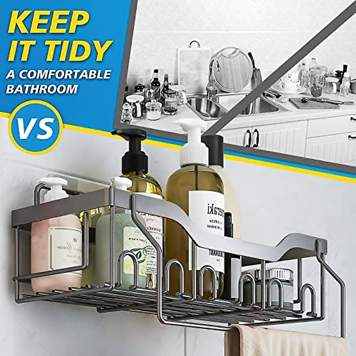 Giuoegfy 6-Pack Shower Caddy, Adhesive Shower Organizer, Shower Shelves, Rustproof Stainless Steel Bathroom Shower Organizer. (Black)