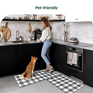 Matace Buffalo Check Plaid Kitchen Rug Set - 2PCS (17x47 & 17x29), Farmhouse Style, Non-Printed Woven Surface, Non-Slip, Machine Washable, Gray & White