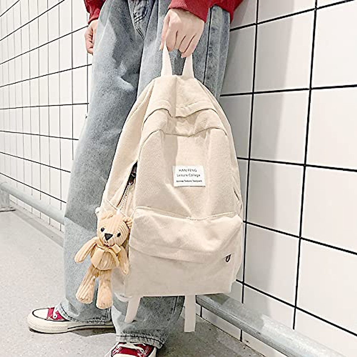 Casual School Corduroy Backpack Travel Daypack Capacity Book Bag Laptop Bag for Women Girls Teenage, Khaki
