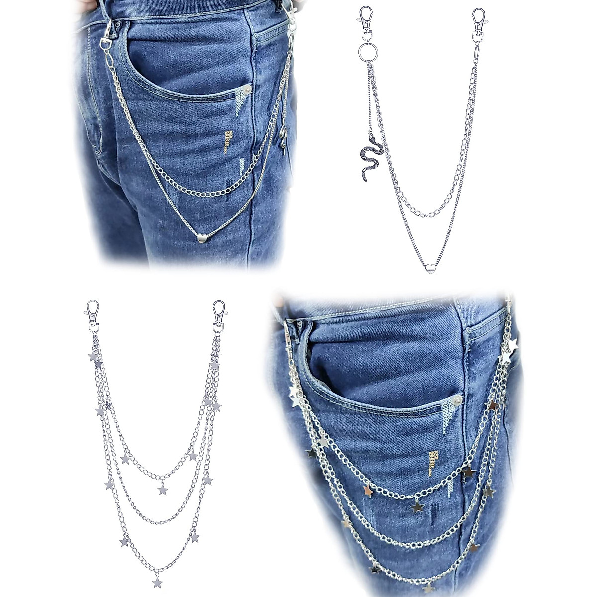 Ofeiyaa 6 Pieces Pants Chains Multi-Layer Butterfly Lock Round Star Snak Heart Jeans Chains Accessory Hip Hop Pocket Punk Goth Wallet Chain Charm Rock Belt Loop Trousers Chain for Women Men Silver