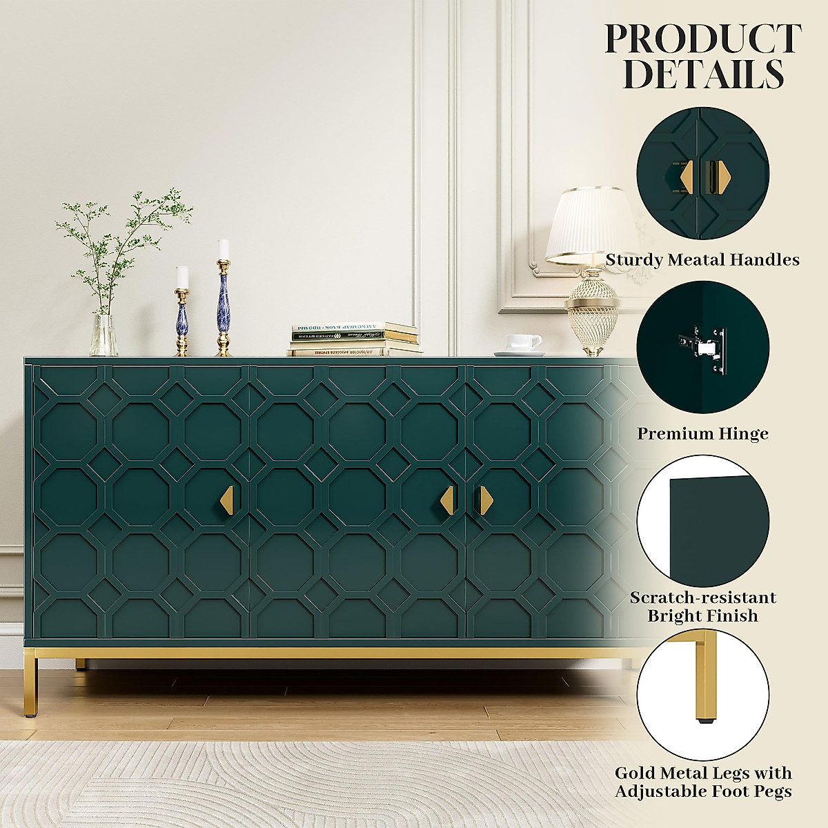 Boyel Living Sideboard Cabinet, Modern Storage Cabinet with 3-Door, Accent Cabinet for Living Room, Hallway, Entryway or Kitchen (Green)