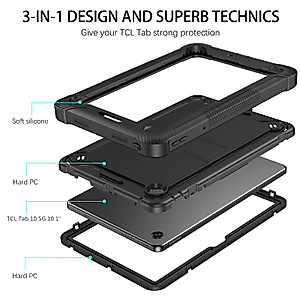 DUEDUE for TCL Tab 10 5G 10.1" Tablet Case, 3 in 1 Hybrid Shockproof Silicone Gel Protective Tablet Cover with Kickstand for TCL Tab 10 5G 9183W(2022 Release), Black