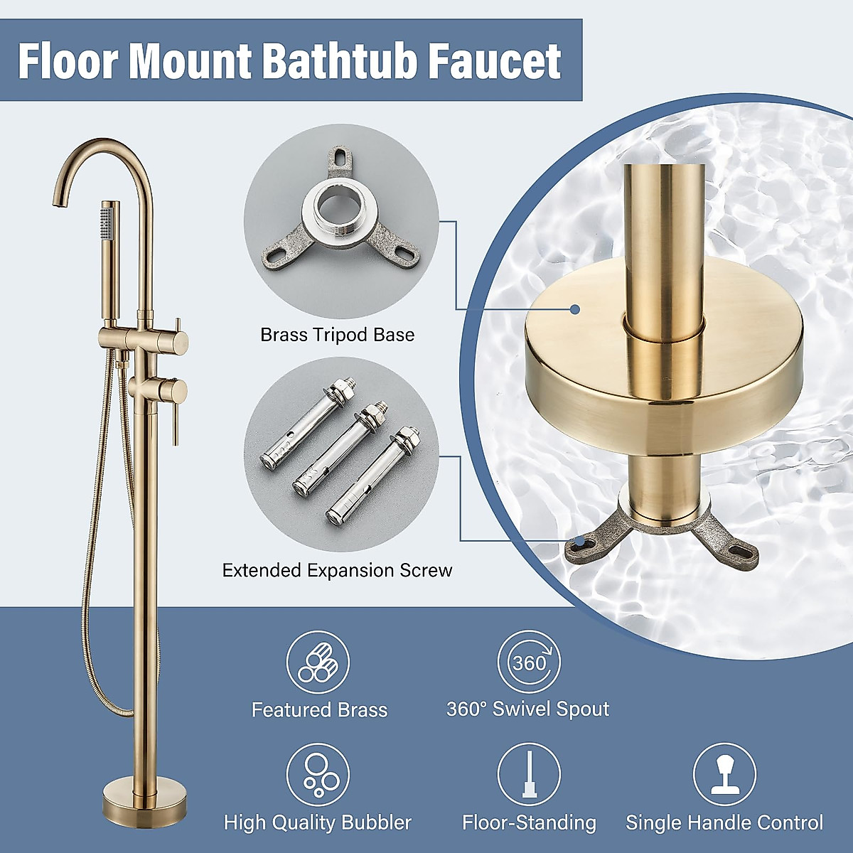 Brushed Gold Freestanding Bathtub Faucet with Hand Shower Tub Filler Faucet Floor Mounted High Flow Single Handle Bath Filler Solid Brass