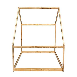 Full Size Wood House Bed, Wooden Bedframe with Roof for Kids, Teens, Boys or Girls Bedroom Furniture, Full Floor Bed Frame Box Spring Needed (Natural)