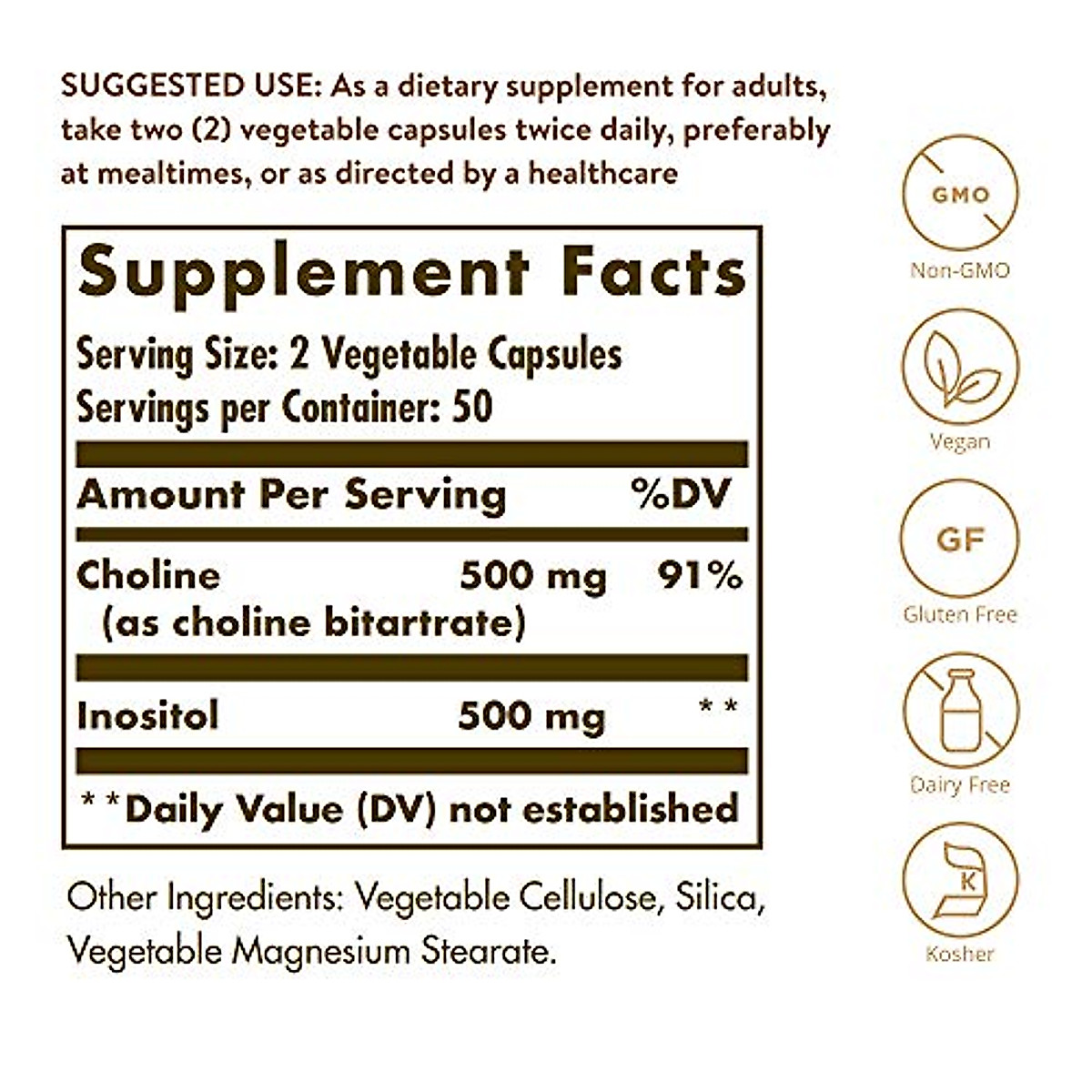 Solgar Choline/Inositol 500 mg/500 mg, 100 Vegetable Capsules - Pack of 2 - Energy Metabolism, Liver Health, Brain & Nerve Function - Non-GMO, Vegan, Gluten Free, Dairy Free - 100 Total Servings