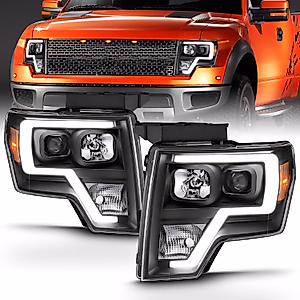 AmeriLite Square Projector Halogen Headlights Pair LED Bar Set For 2009-2014 Ford F150 High/Low Beam Bulb Included - Driver and Passenger Side, Vehicle Light Assembly, Black