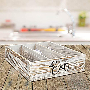MyGift 3 Slot Shabby Whitewashed Wood EAT Tabletop Dining Utensil Cutlery Tray, Cabinet, Drawer Storage Organizer for Forks, Knives and Spoons