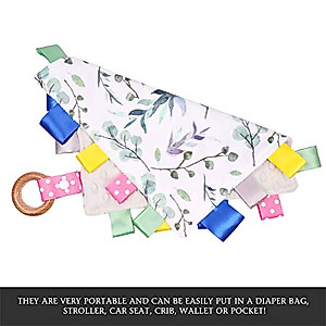 Baby Security Blanket with Tags Soft Ribbon Tag Blanket Comfort Lovey Taggy Blanket Cute Newborn Appease Towel with Bunny Ear Ring