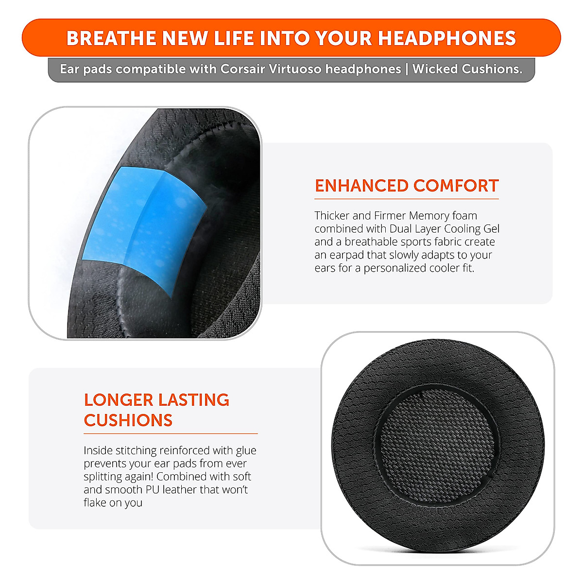 WC Freeze Virtuoso - Hybrid Fabric Cooling Gel Replacement Earpads for Corsair Virtuoso Gaming Headset, Made by Wicked Cushions, Improved Durability, Thickness and Sound Isolation | Black
