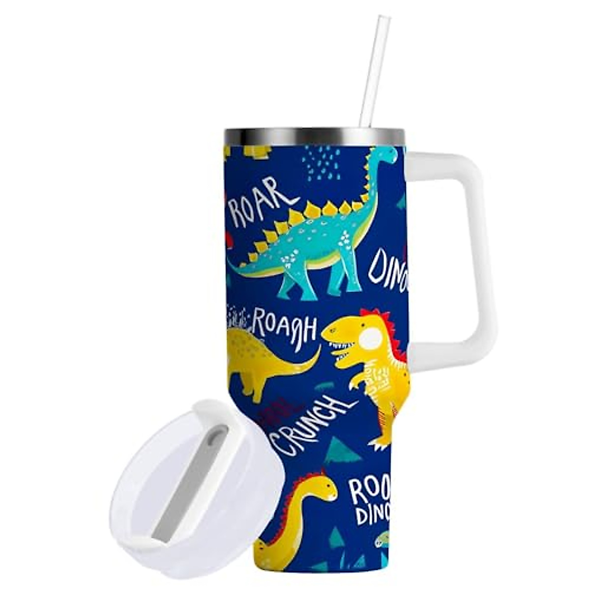 RPLIFE Colorful Dinosaurs Blue 40oz Tumbler with Handle, Stainless Steel Coffee Mug, Insulated Water Bottle with Straw