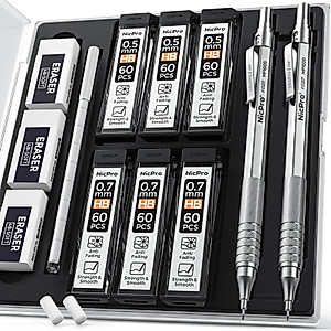 Nicpro 2 PCS Mechanical Pencils 0.5mm & 0.7 mm with Case, Metal Artist Pencil Set with 4 Tubes HB Lead Refills, 2 Erasers, 9 Eraser Refills For Art Writing Drafting, Drawing, Sketch, Silver