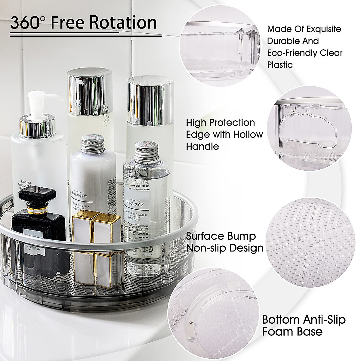 IAXSEE 2 Sizes Lazy Susan Turntable Spinning Spice Rack Organizers Multifunctional Round Clear Rotating Cosmetic Containers, for Cabinet Countertop Pantry Fridge Bathroom (Grey)