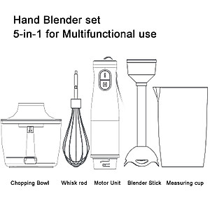 Immersion Blender Handheld, 5-in-1 Hand Blender for Kitchen, 2-Speed Stirrers Electric Whisk with 16.9OZ Food Chopper, 20.3OZ Container, Egg Whisk for Puree Infant Food Smoothies Sauces Soups