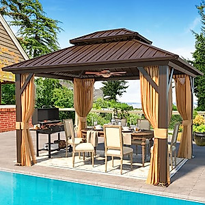 YOLENY 10' x 12' Gazebo, Hardtop Gazebo with Aluminum Frame, Double Galvanized Steel Roof, Curtains and Netting Included, Metal Gazebos Pergolas for Patios, Garden, Lawns, Parties