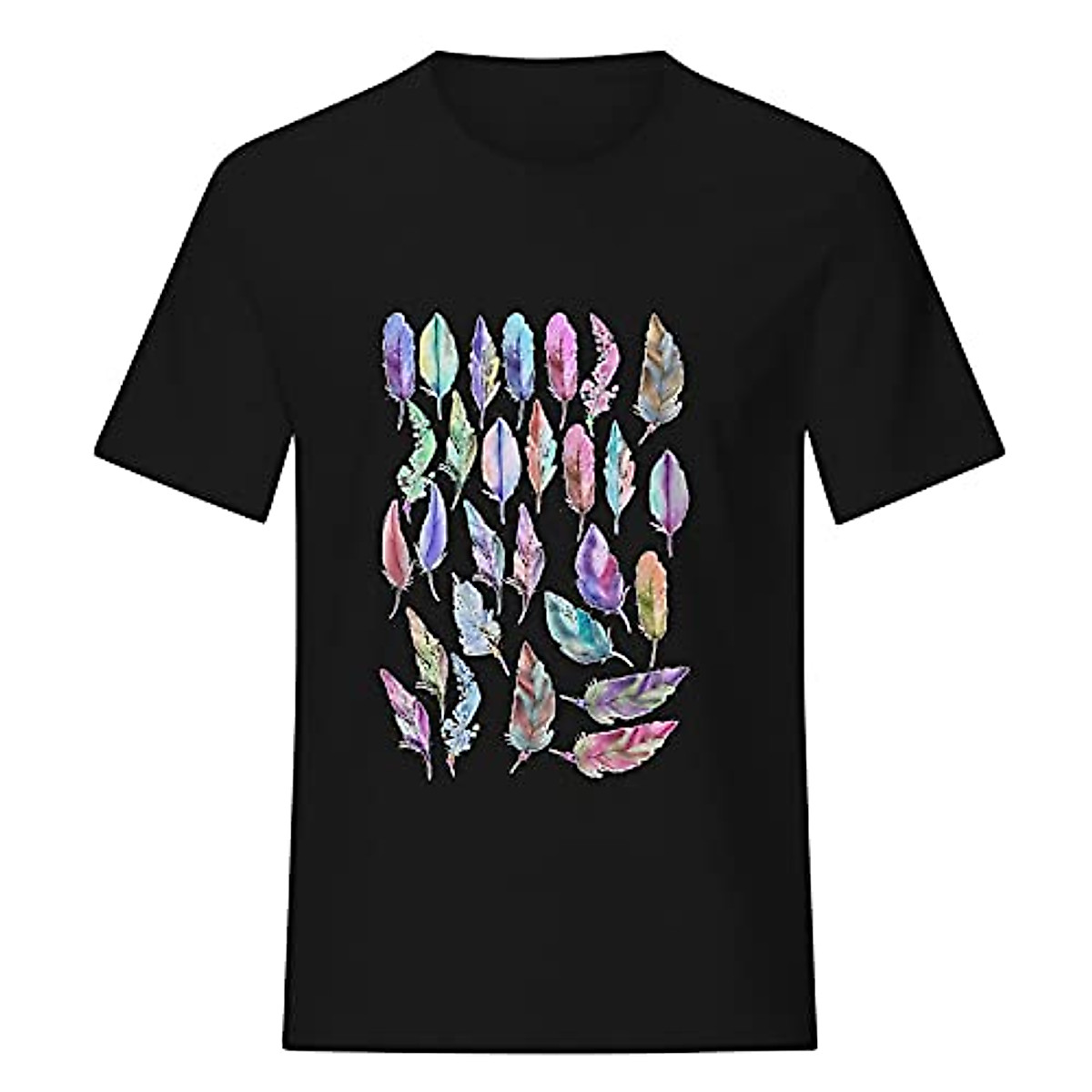 wodceeke Womens 2021 Summer Tops Short Sleeve Round Neck Feather Print Basic Tee Casual Loose Solid Color Top (Black,M)