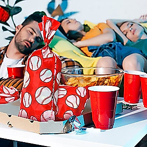 100 Pieces Baseball Treat Candy Bags Baseball Cellophane Bags Baseball Goody Plastic Bags with 200 Pieces Twist Ties for Baseball Birthday Party Supplies Decorations (Red)