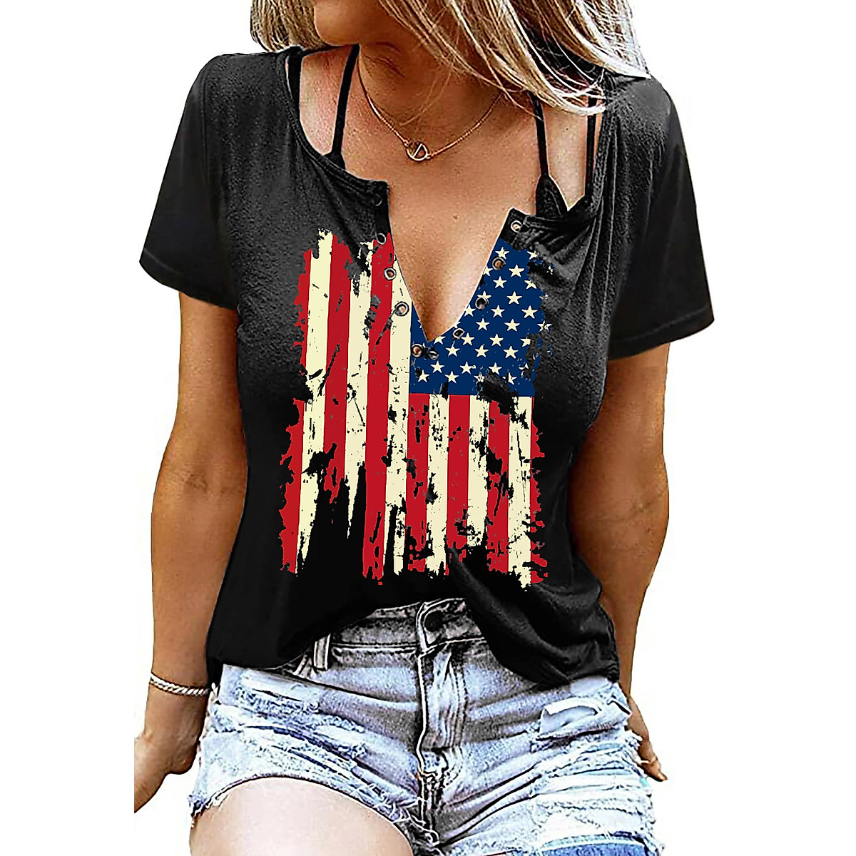 YI XIANG RAN American Flag Shirt Tops Womens 4th of July T-Shirts Ring Hole Short Sleeve Sexy V-Neck Patriotic Tees (Black1, Large)
