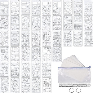 48 Pieces Journal Planner Stencils Plastic Bullet Stencil with A6 File Bag, Steel Ruler and 2 Pieces Metal Key Rings for Notebook, Diary, Scrapbook and DIY Drawing Template, Total 52 Pieces