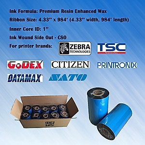 (10 Rolls) 4.33'' x 984' Premium Resin Enhanced Wax Ribbon, 110mm x 300m Black Thermal Transfer Ribbon, Barcode Thermal Label Printer ribbon, CSO-ink outside, 1'' Core for Zebra, TSC, GoDex, Citizen