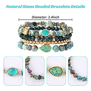 Bohemian African Turquoise Beaded Bracelets for Women, 4Pcs Stackable Natural Stones Stretch Bracelet Set with Charm, Multilayered Matte Turquoise Chips Beads Bracelets Handmade Boho Jewelry Gift